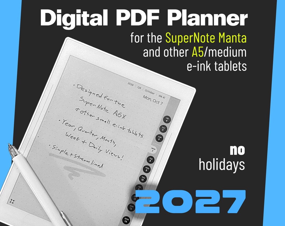 Simple 2027 PDF Planner / Calendar | Supernote Manta (+ A5 Sized E-ink ...