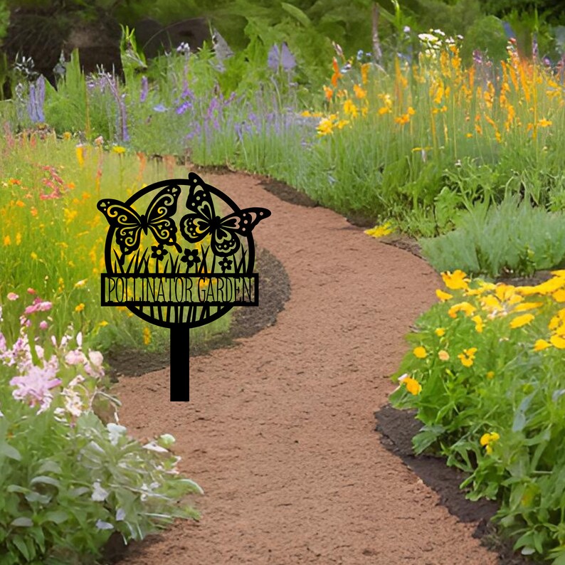 Pollinator Garden Flowers Butterfly Metal Sign Stake, Outdoor ...