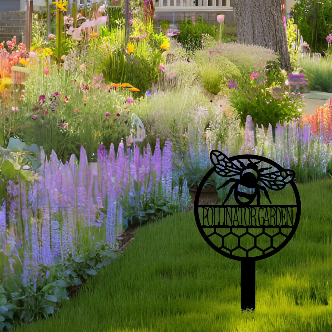 Bee Pollinator Garden Stake Metal Sign, Outdoor, Wildflowers, Floral ...
