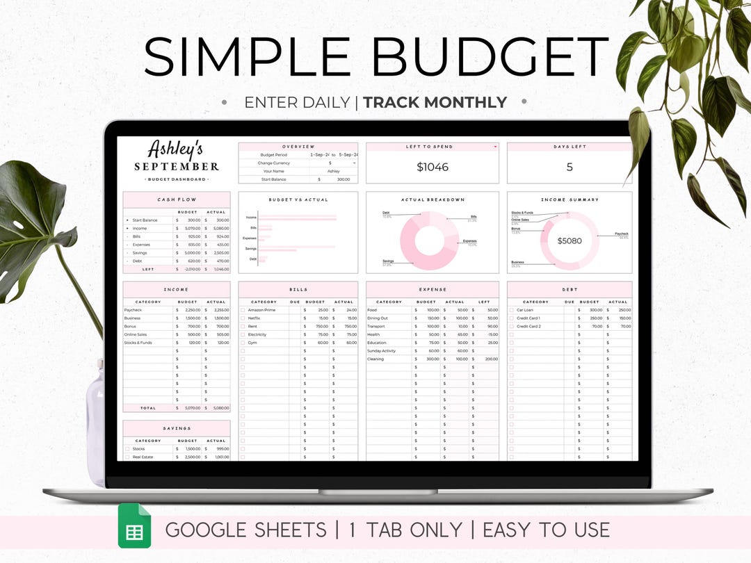Pink Budget Planner Simple Budget Tracker Expense Tracker Google Sheets ...