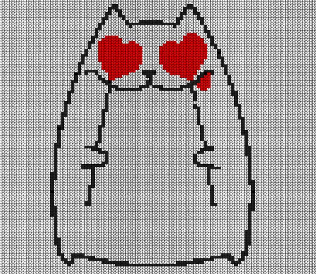 Fun Cat With Hearts Intarsia Chart - 60 Stitches X 100 Rows - Digital ...