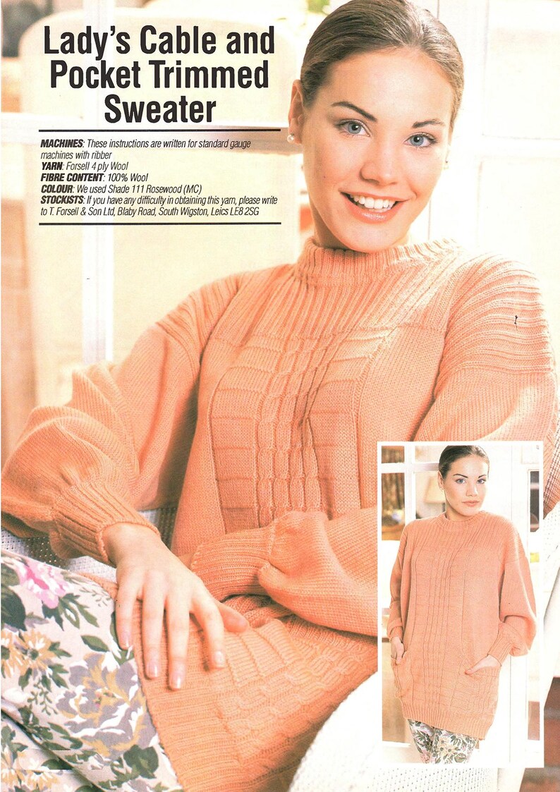 Machine Knitting Pattern – Ladies Cable and Pocket Trimmed Sweater ...