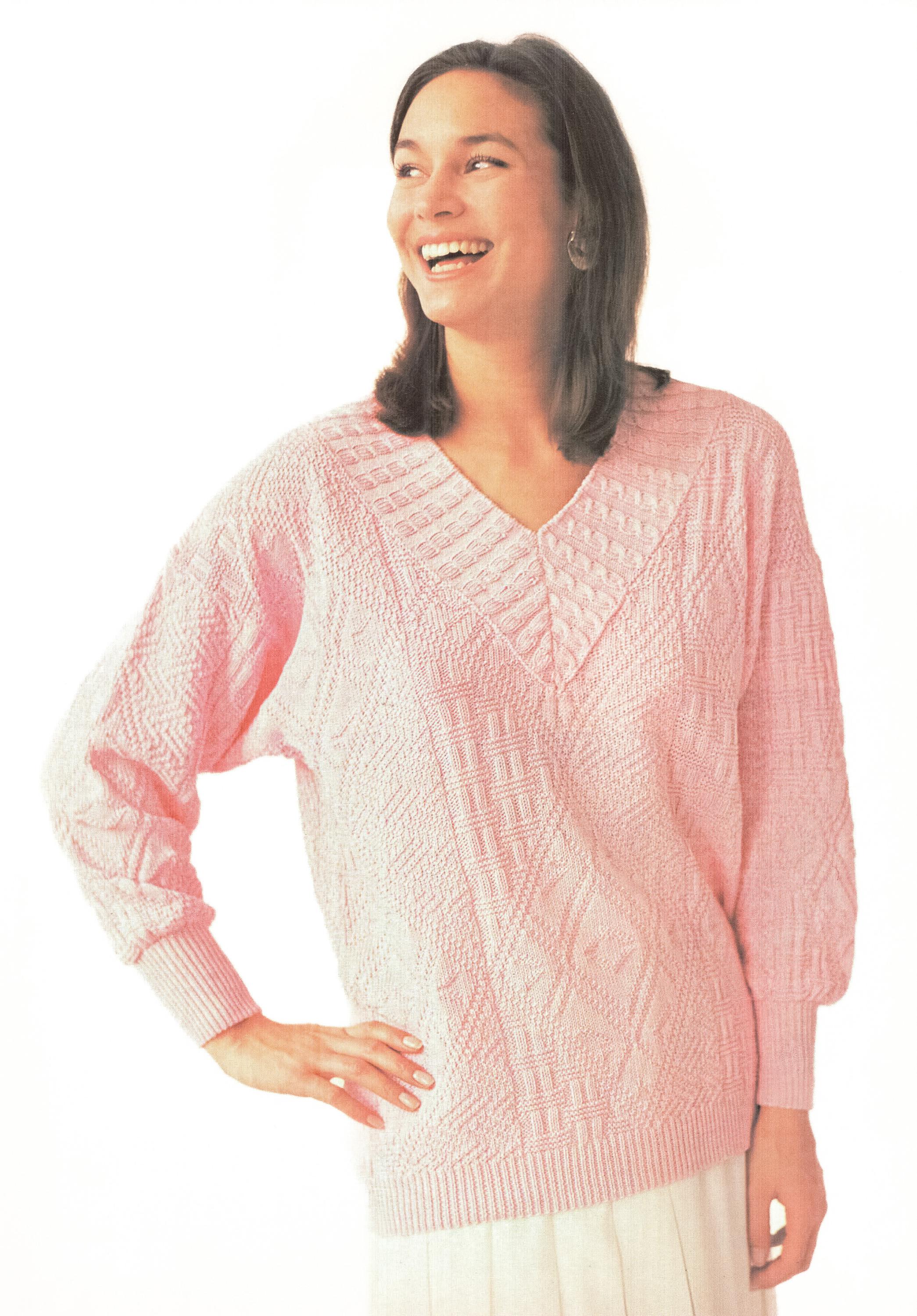 Brother Knitting Machine Pattern – Womens Cabled V-neck Sweater Knitted ...