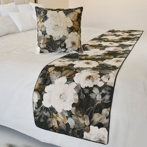 King / Queen / Twin Floral Bed Runner With Matching Throw Pillow Cover in Cotton Rose Floral ...