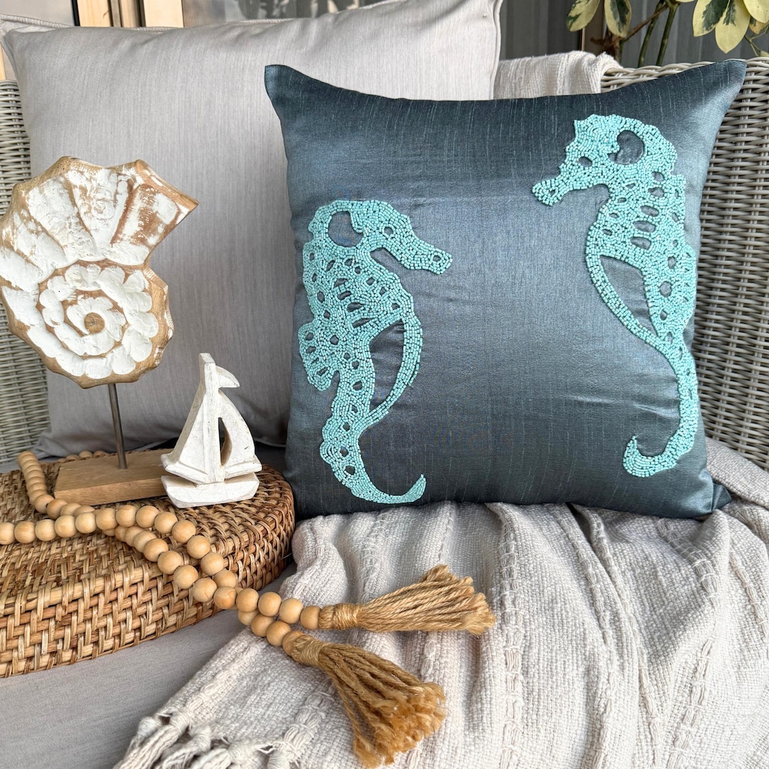 Blue Beaded Sea Creature Art Silk Throw Pillow Cover, 16"x16" Beach ...