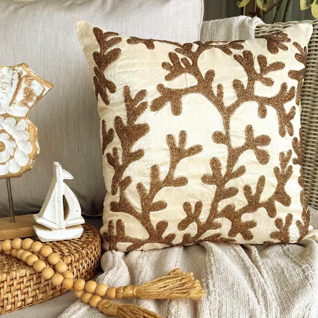 Gold Art Silk Beaded Sea Creature Pattern Decorative Throw Pillow Cover ...