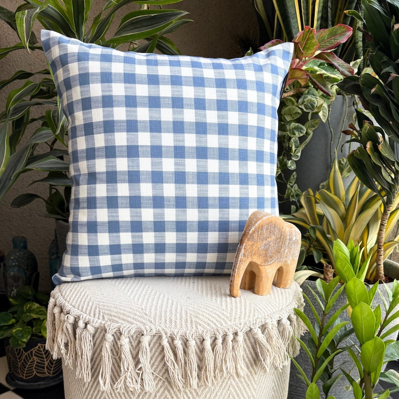 Checkered Throw Pillow Cover 16x16 Inch Cotton Buffalo Checks, Blue and ...