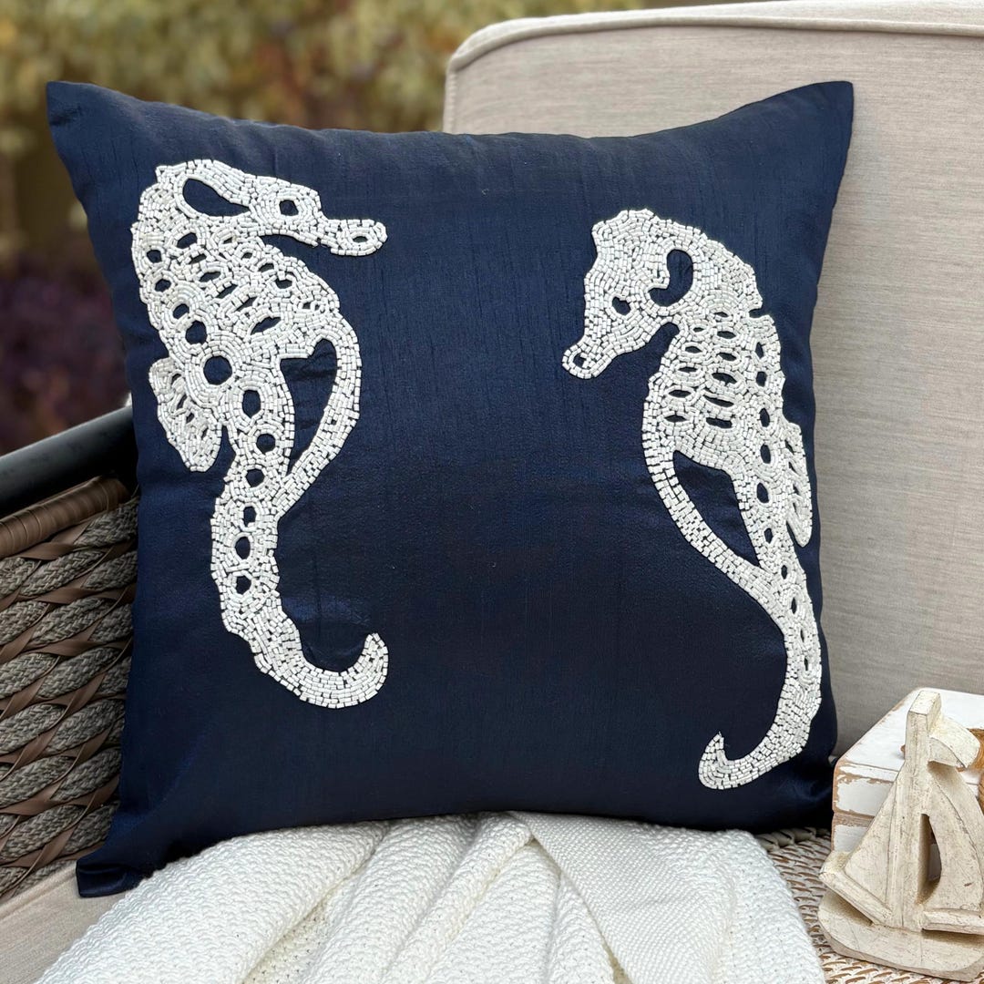 Navy Blue Beaded Sea Creature Pillow Sham, 24"x24"/26"x26", Beach Style ...