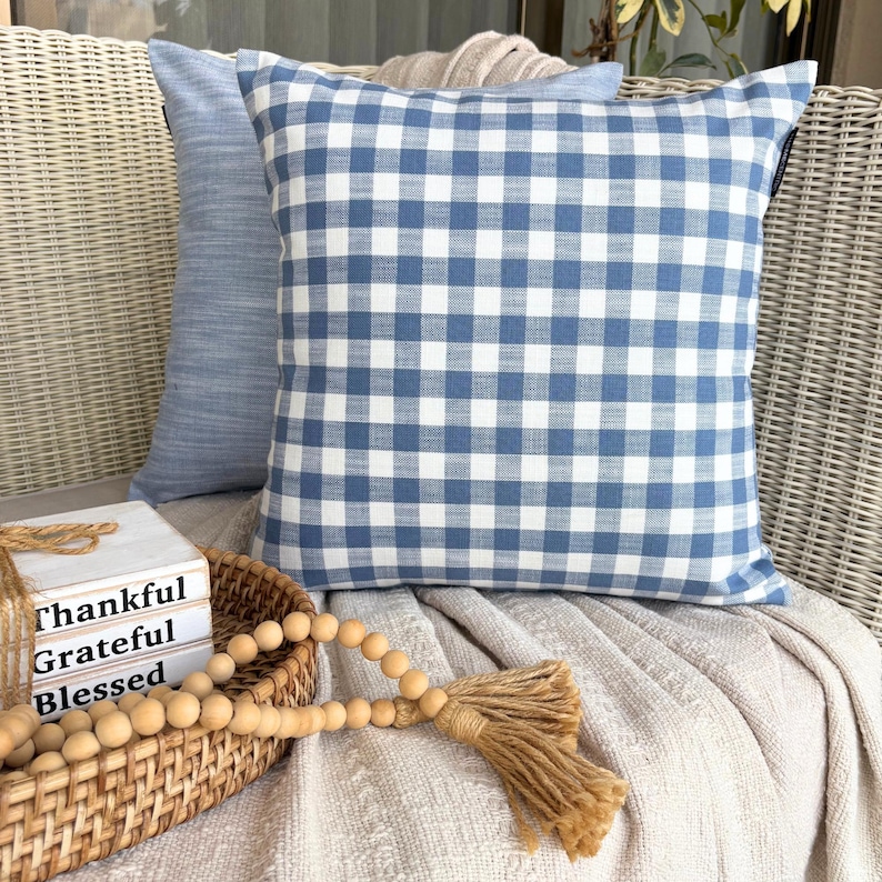 Checkered Throw Pillow Cover 16x16 Inch Cotton Buffalo Checks, Blue and ...