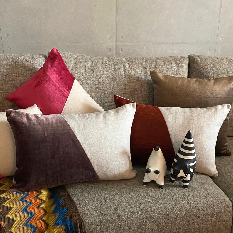 Velvet/linen Rust Color Block Decorative Lumbar Throw Pillow Cover ...