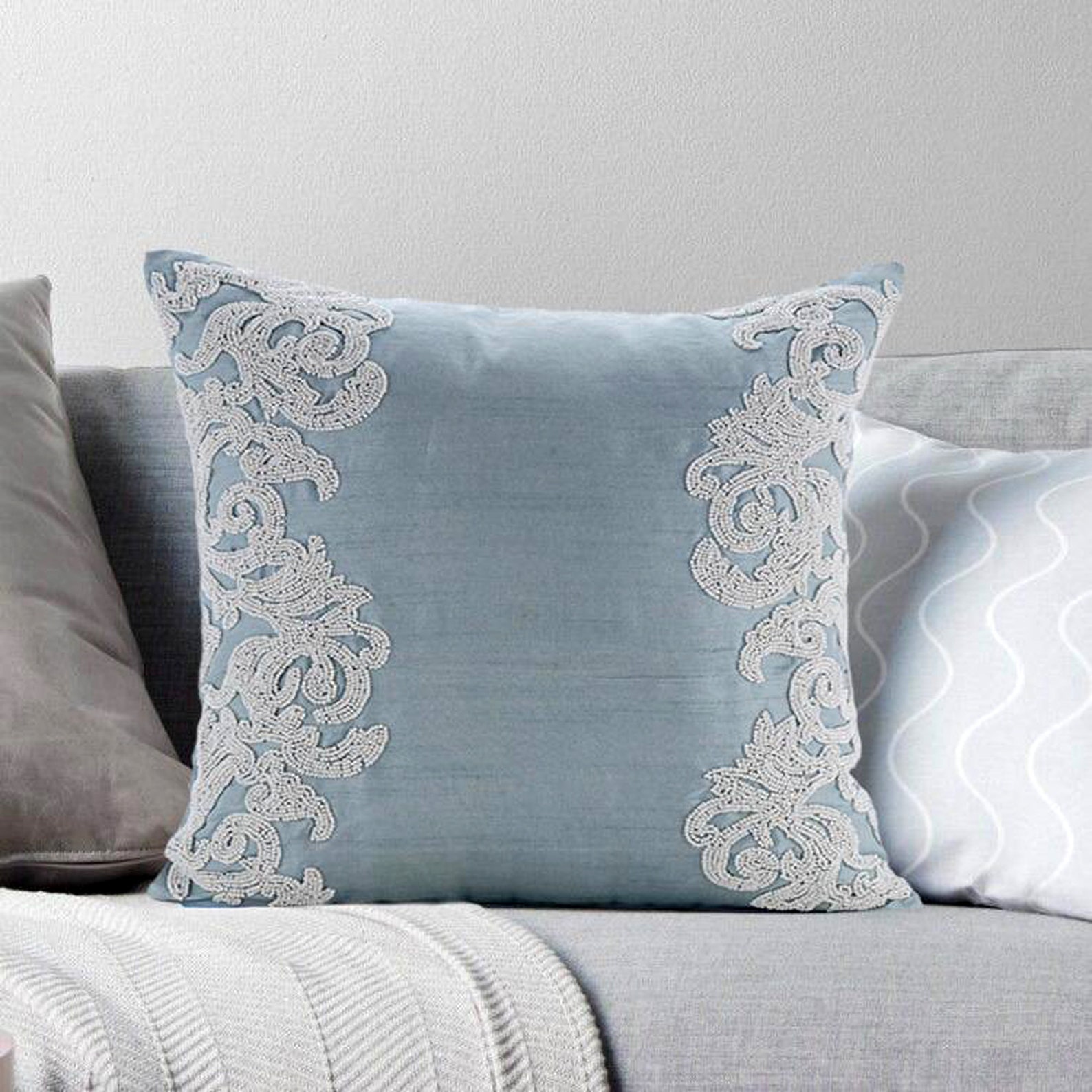 Designer Light Blue Toss Pillow 16"x16", Art Silk Throw Pillow Case ...