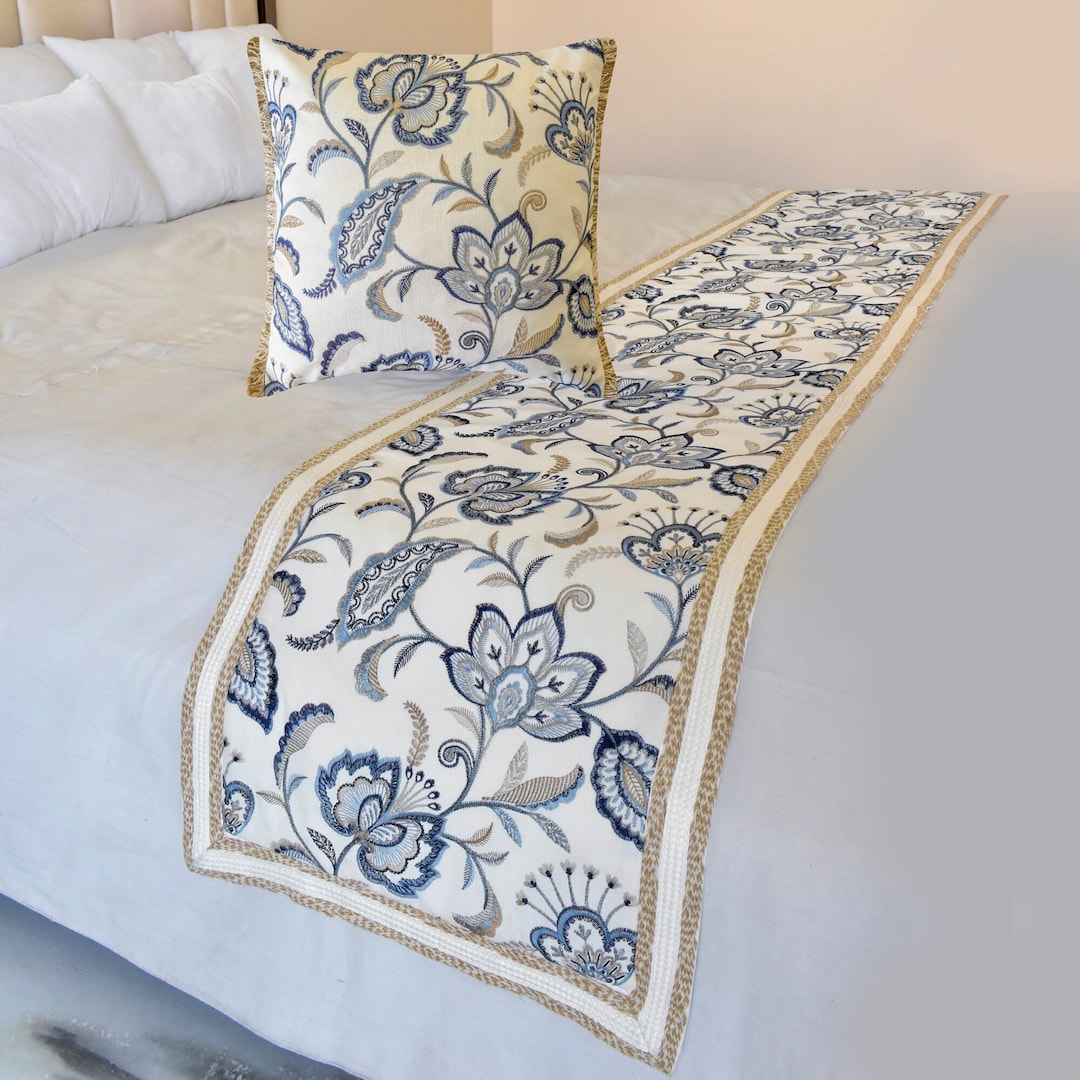 King / Queen / Twin Floral Embroidered Bed Runner With Matching Throw ...