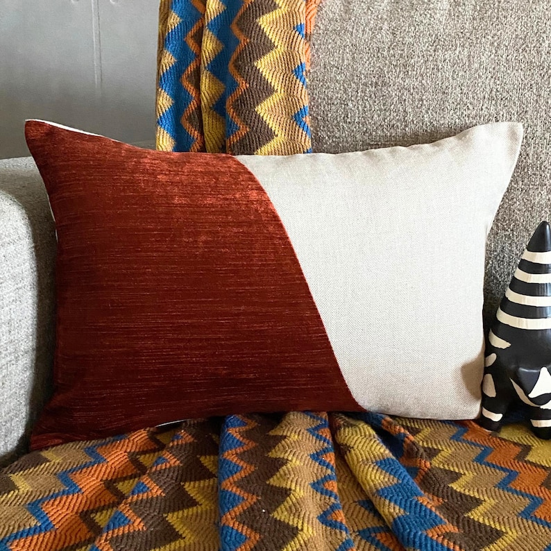 Velvet/linen Rust Color Block Decorative Lumbar Throw Pillow Cover ...