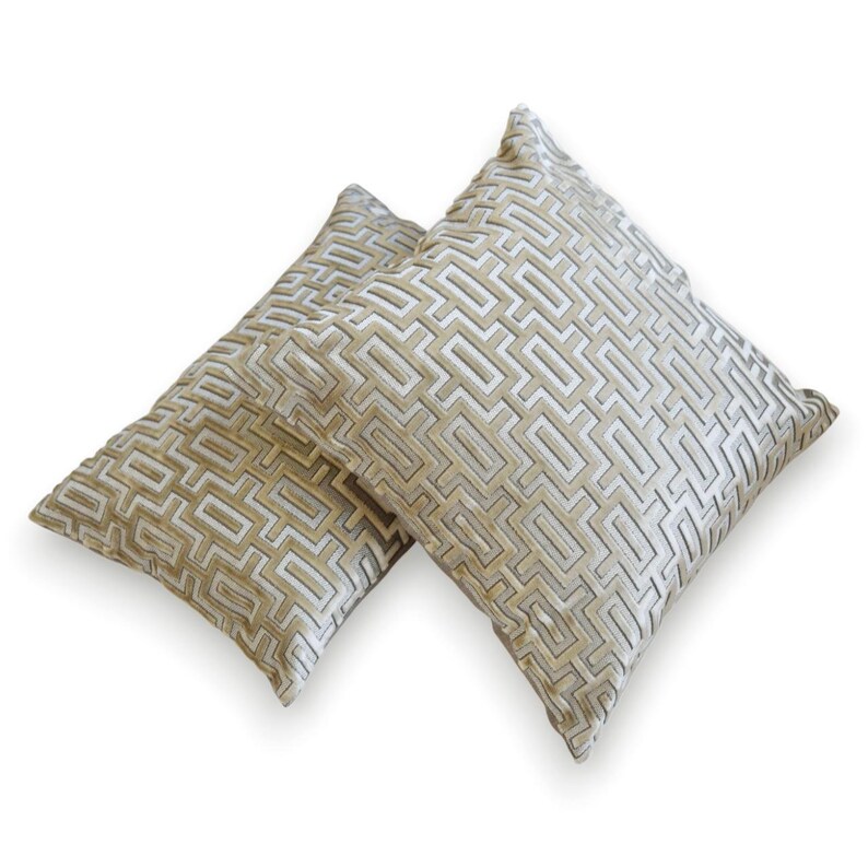 Hennessy Beige Cut Velvet Designer Throw Pillow Cover, Modern Interlock ...