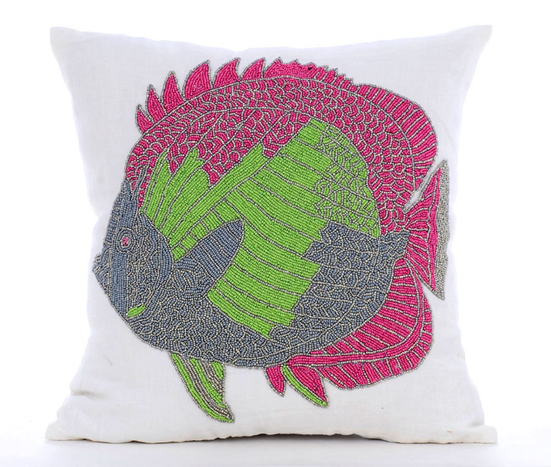Cotton Linen White Throw Pillow Custom 16x16, Designer Sofa Throw Fish ...