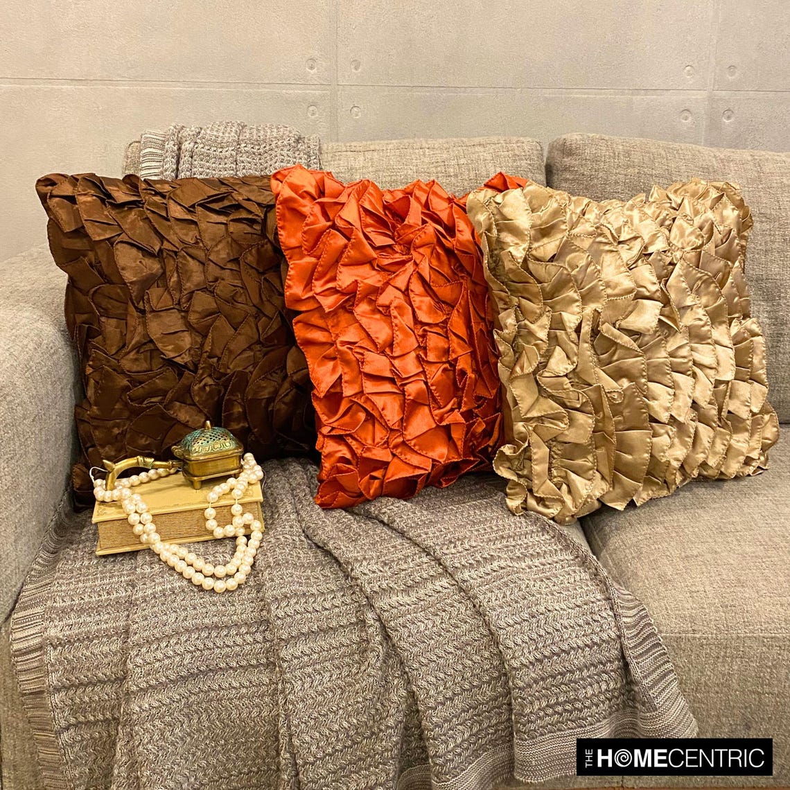 Luxury Ruffles Orange European Sham 24"x24"/26"x26", Satin Throw Pillow ...