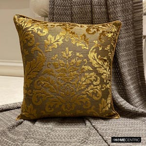 Damask Throw Pillow Cover 16"x16", Velvet Burnout Olive Damask Sofa ...