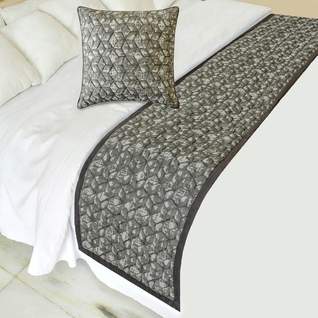 King / Queen / Twin Quilted Gray Bed Runner With Matching Throw Pillow ...