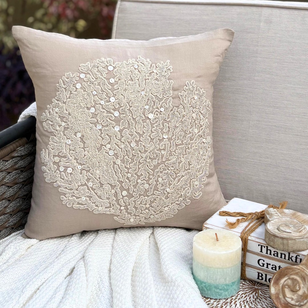 Mocha Beige Cotton Linen Beaded Sea Creature Pattern Throw Pillow Cover ...