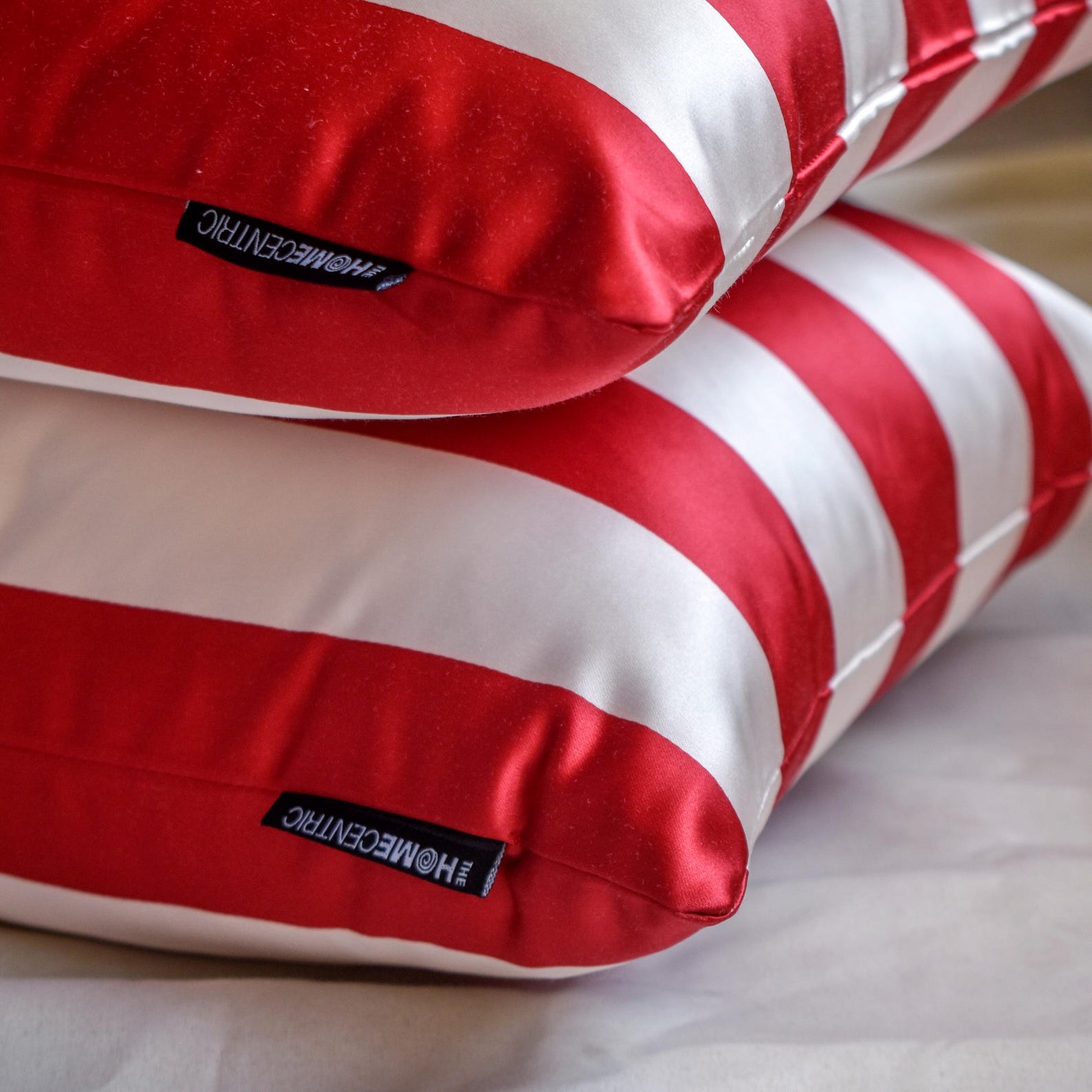 Set of 2 Classic Striped Satin Lumbar Pillow Cover, Red & White Oblong ...