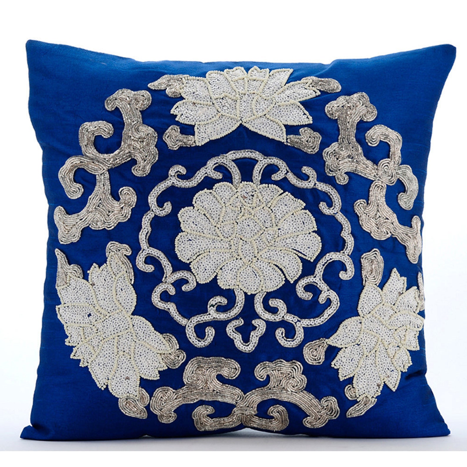 Decorative Medallion, Sequins Embellished Cushion Case 16"x16", Art ...