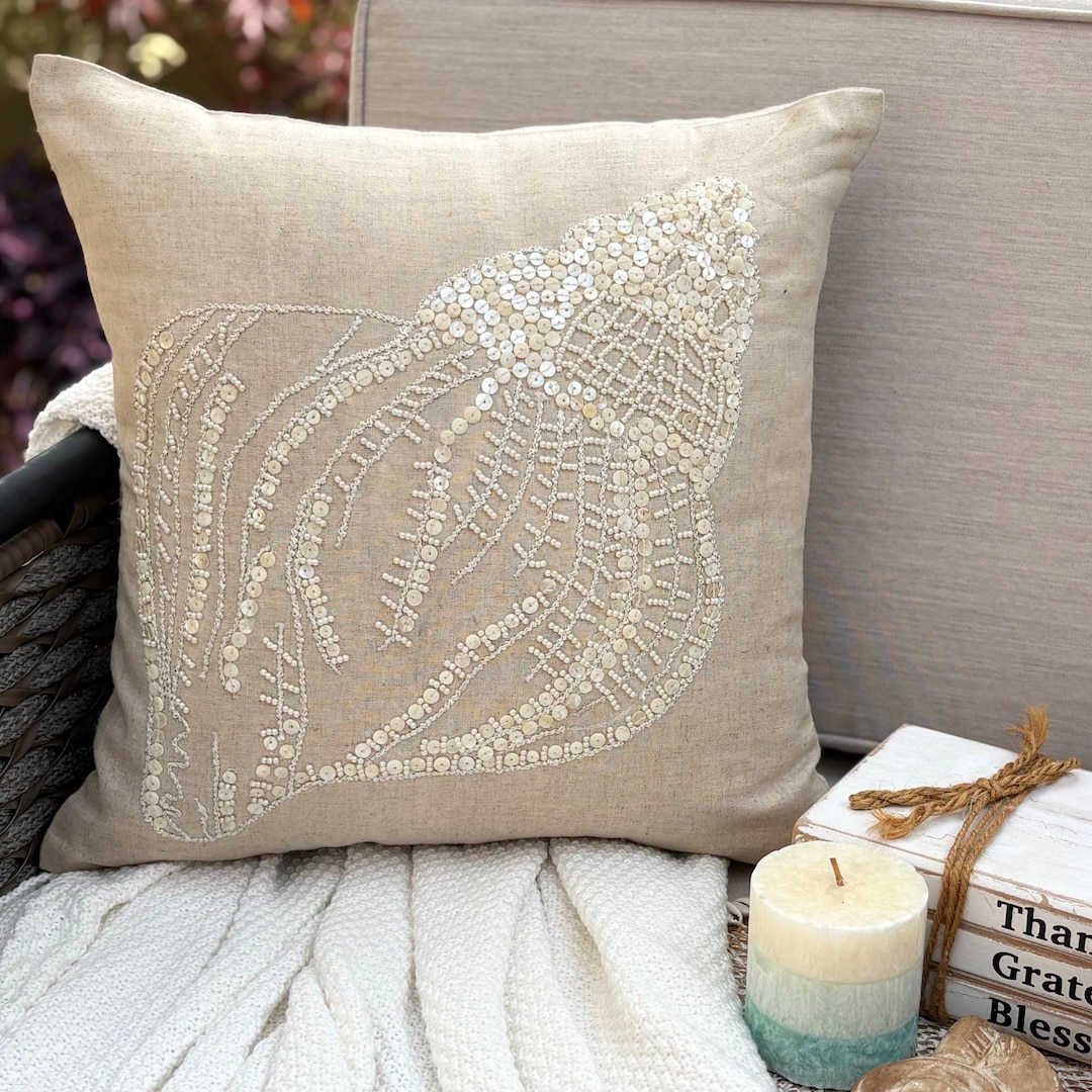 Beige Cotton & Linen Mother of Pearl Sea Creature Pattern, Beach Style ...