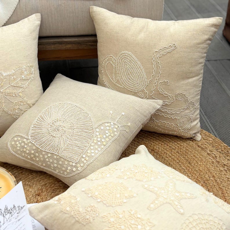 Cotton & Linen Mother of Pearl Sea Creature Pattern Beige Pillow Sham ...