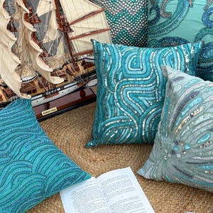 Aqua Blue Sequin Art Silk Sea Creature Pattern Throw Pillow Cover, 16 ...