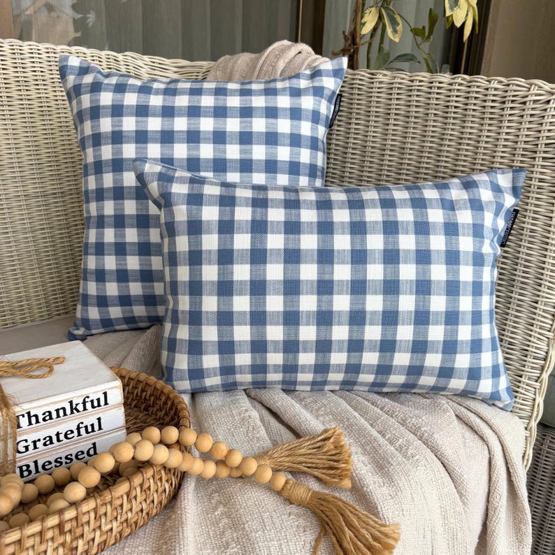 Checkered Throw Pillow Cover 16x16 Inch Cotton Buffalo Checks, Blue and ...