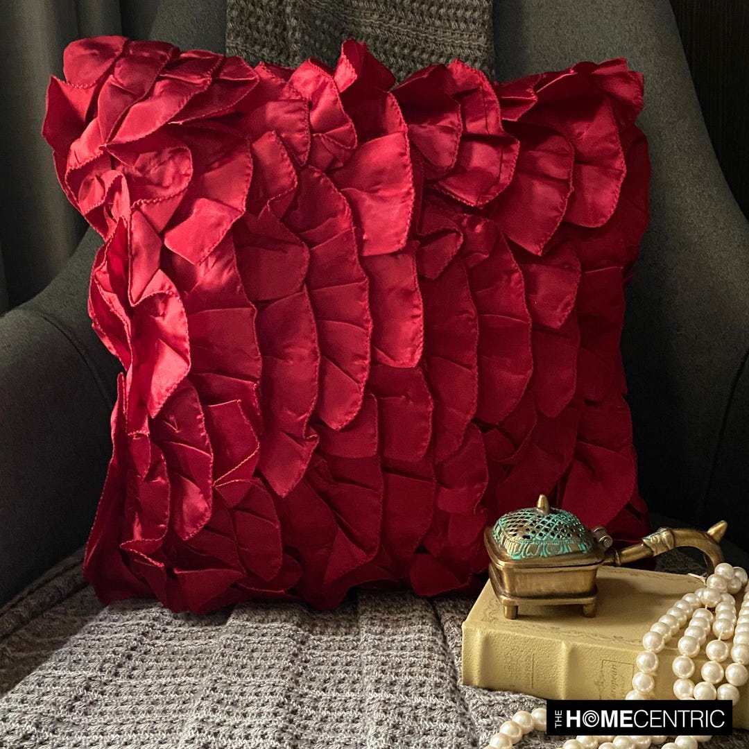 Satin Ruby Red Toss Cushion 16"x16", Designer Toss Throw Pillow Ruffles ...