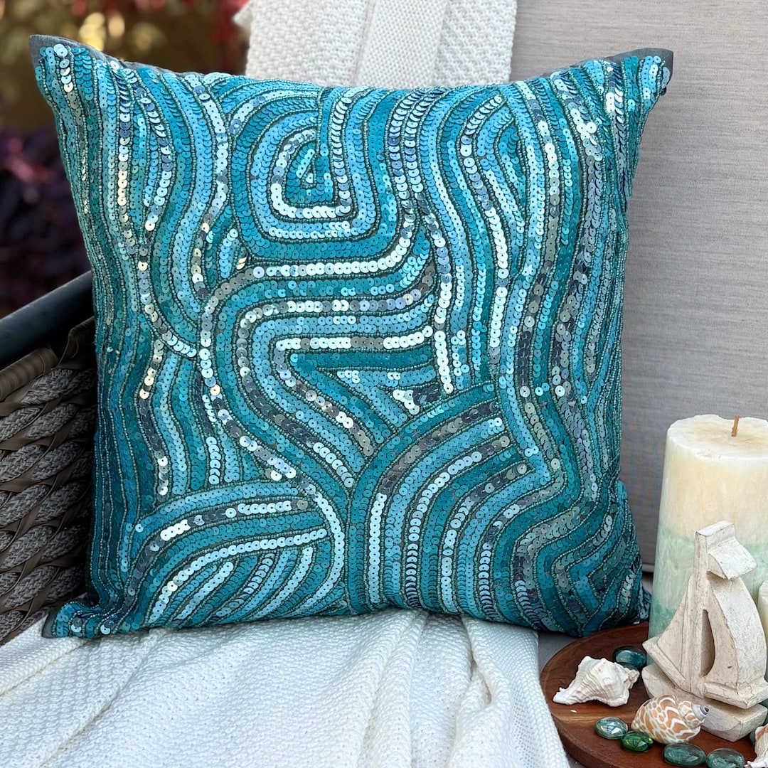 Aqua Blue Sequin Art Silk Sea Creature Pattern Throw Pillow Cover, 16 ...