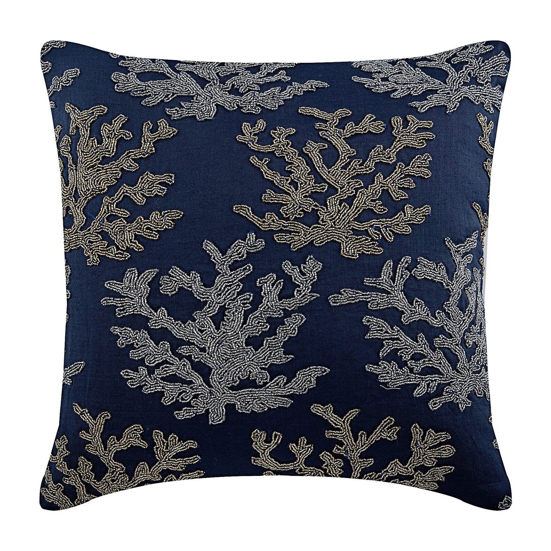 Decorative Navy Blue Cushions 16"x16", Cotton Linen Throw Pillow Sea ...