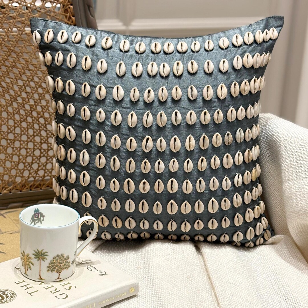 Blue Silk Shell Embroidered Sea Creature Pattern Pillow Sham, 24"x24 ...