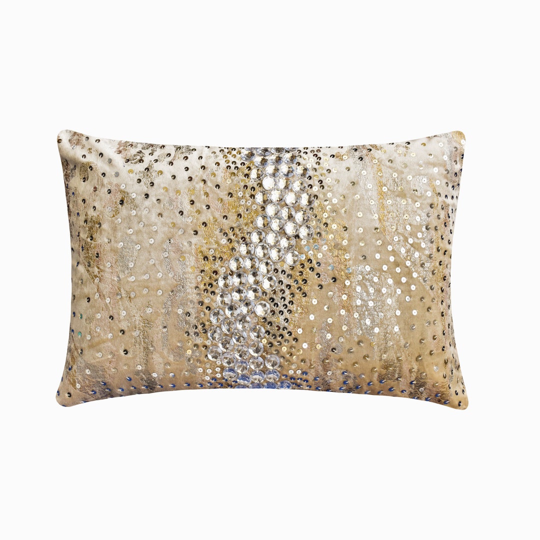 Decorative Oblong / Lumbar Throw Pillow Cover Designer Ivory / Gold ...