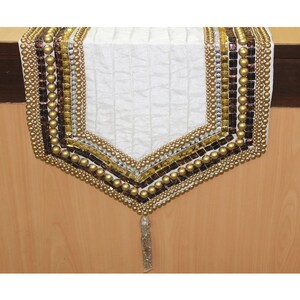 Available in 11 Sizes, Beaded Table Runner Ivory Golden Pearls Sequin ...