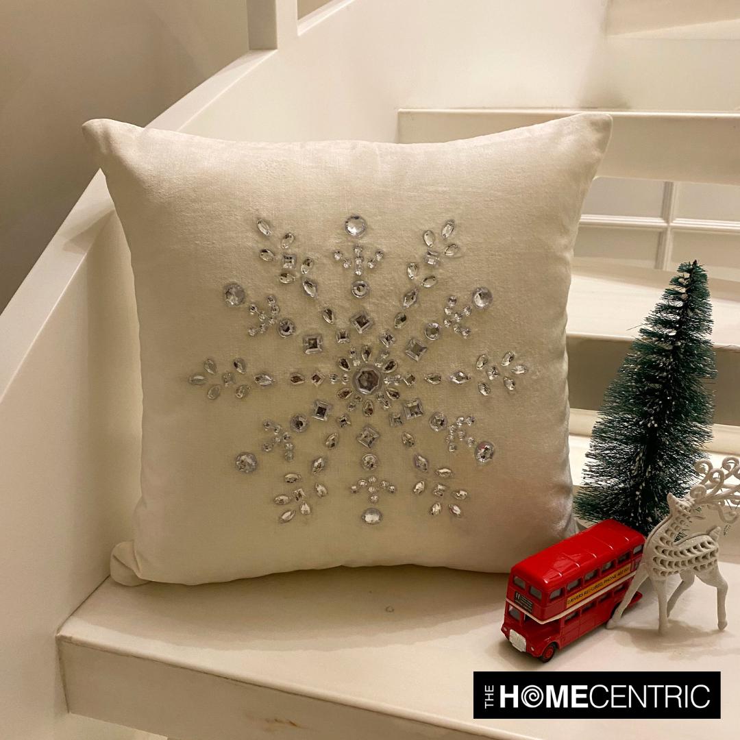 White Velvet With Crystal Snowflake Decorative Throw Pillow Cover ...