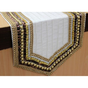 Available in 11 Sizes, Beaded Table Runner Ivory Golden Pearls Sequin ...