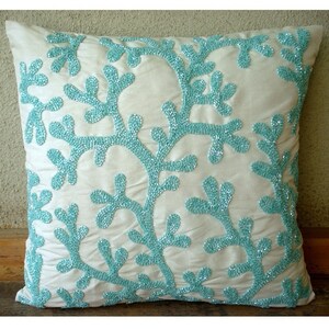Designer Corals Throw Pillow Custom 16x16, Art Silk Sofa Throw Aqua ...