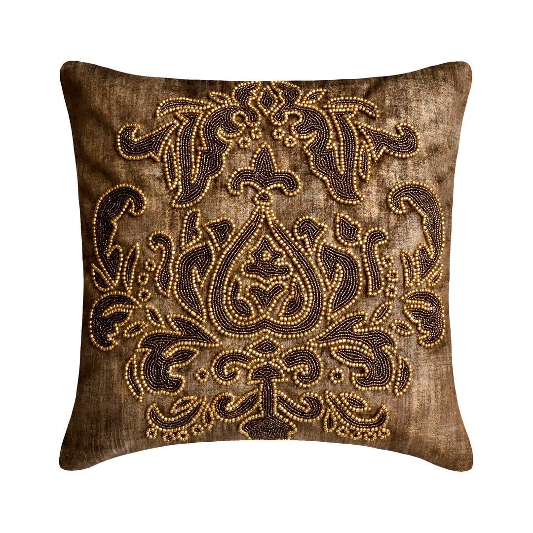Decorative Brown Gold Throw Pillow Cover 16"x16" Velvet Suede Foil ...