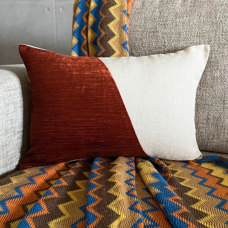 Velvet/linen Rust Color Block Decorative Lumbar Throw Pillow Cover ...
