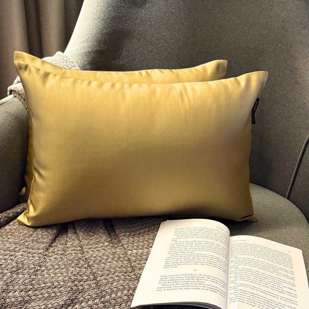 Solid Pattern Set of 2 Light Gold Slub Satin Lumbar Pillow Cover ...