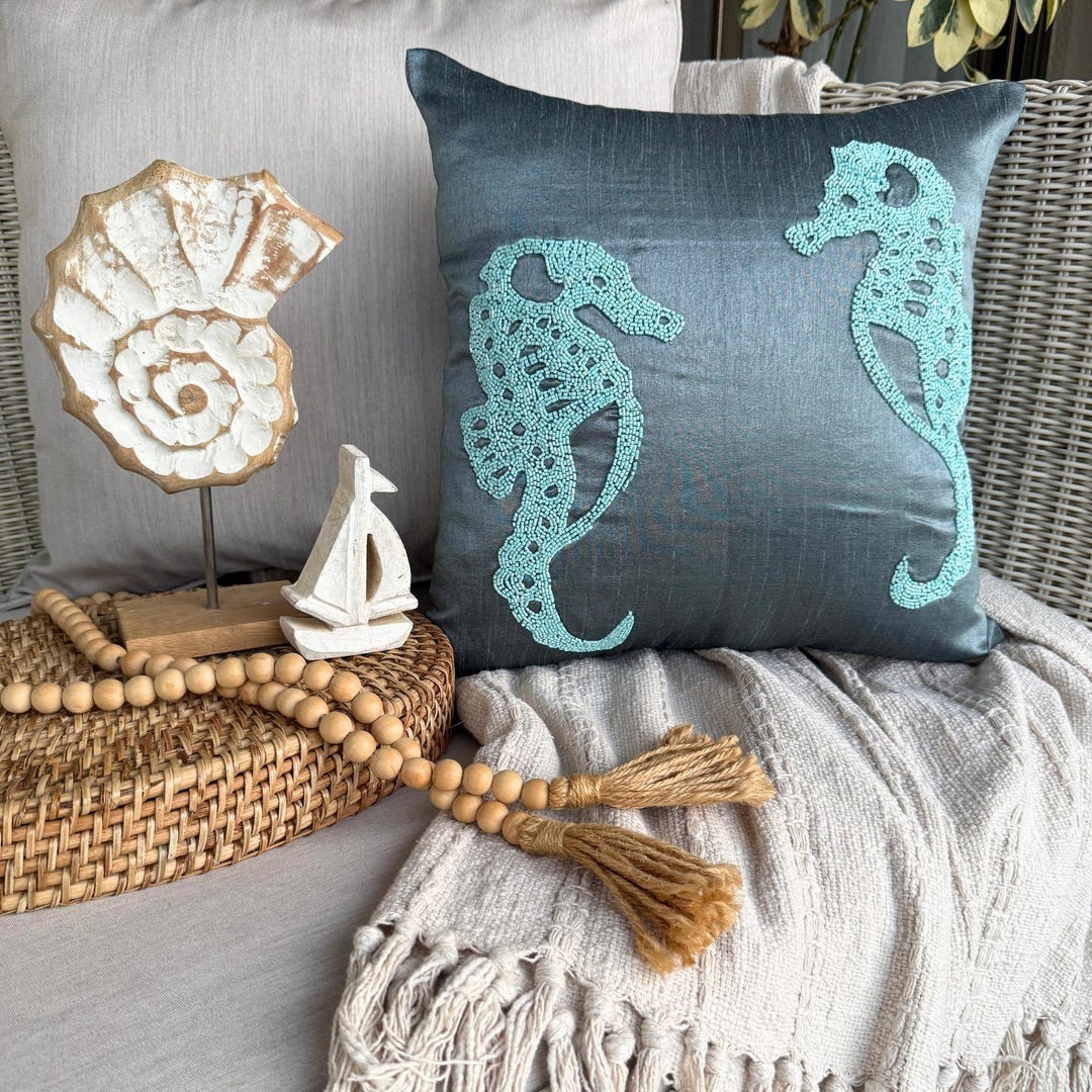Beaded Sea Creature Pattern Art Silk Blue Pillow Sham, 24x24/26x26 ...
