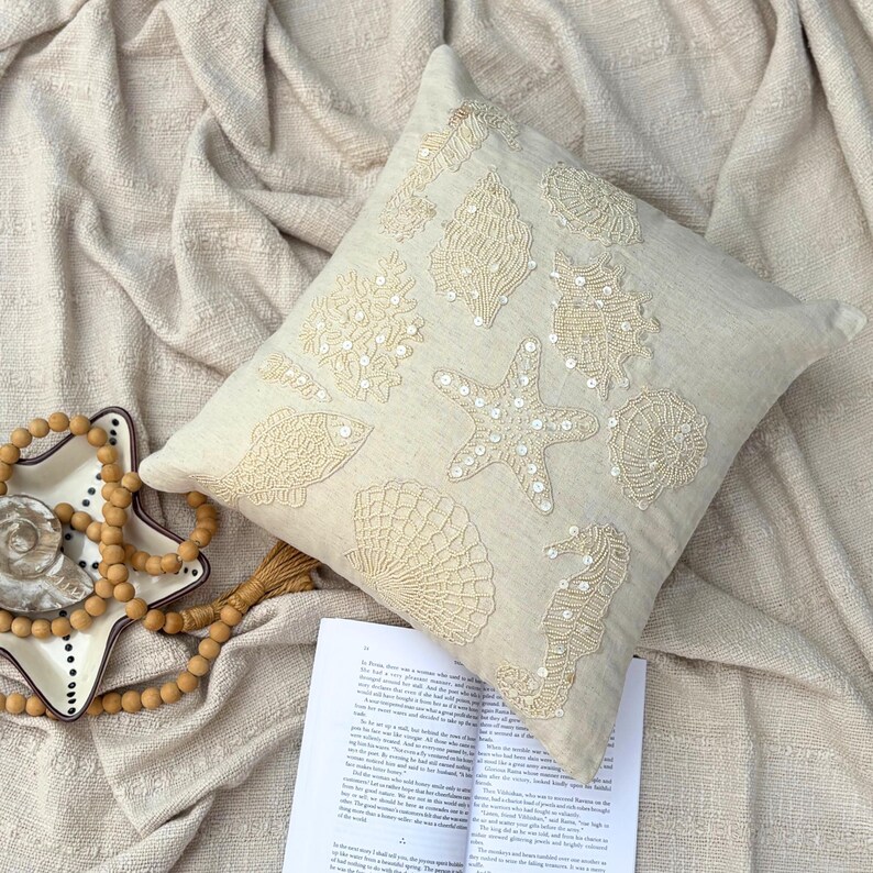 Cotton & Linen Mother of Pearl Sea Creature Pattern Beige Pillow Sham ...