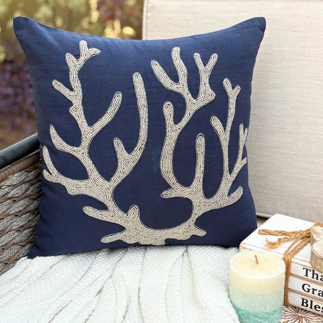 Navy Blue Cotton & Linen Beaded Sea Creature Pattern Decorative Throw ...