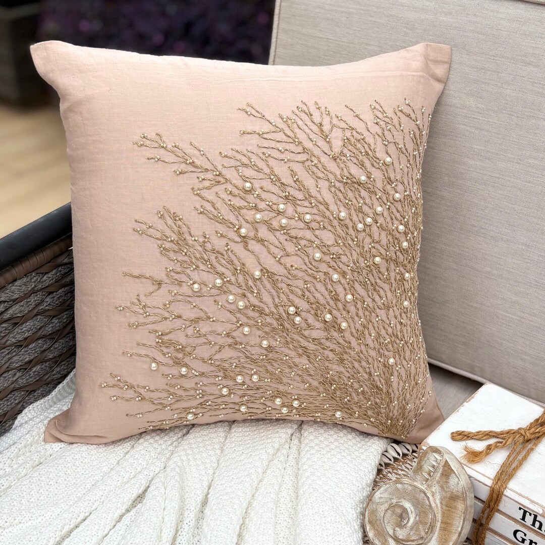 Beige Cotton Linen Beaded Sea Creature Pattern, Beach Style Throw ...