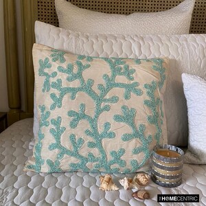 Designer Corals Throw Pillow Custom 16x16, Art Silk Sofa Throw Aqua ...