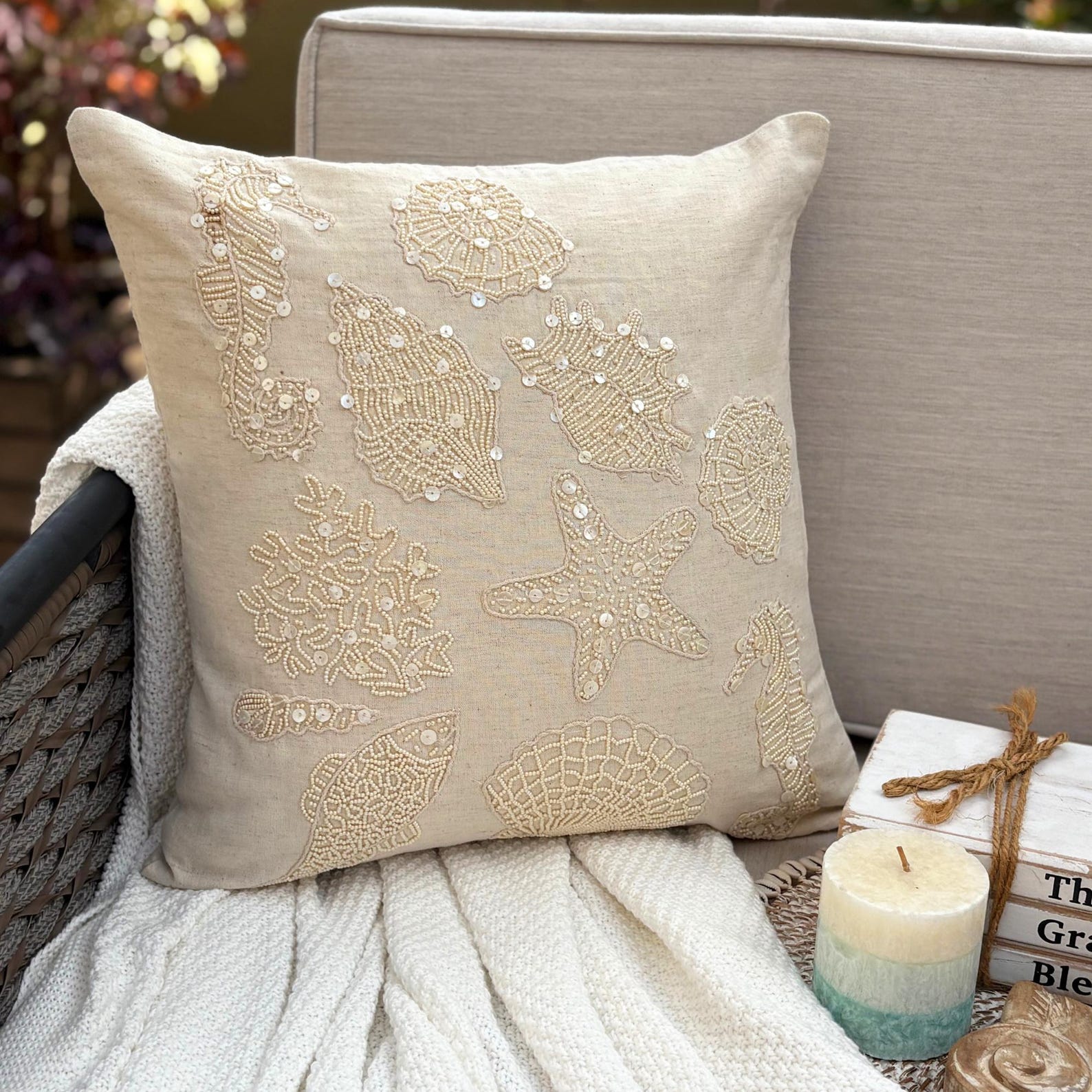 Cotton & Linen Mother of Pearl Sea Creature Pattern Beige Pillow Sham ...