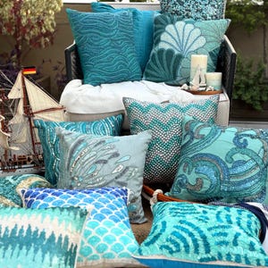 Aqua Blue Sequin Art Silk Sea Creature Pattern Throw Pillow Cover, 16 ...