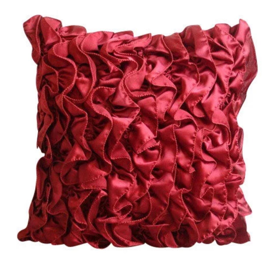 Satin Ruby Red Toss Cushion 16x16, Designer Toss Throw Pillow Ruffles ...
