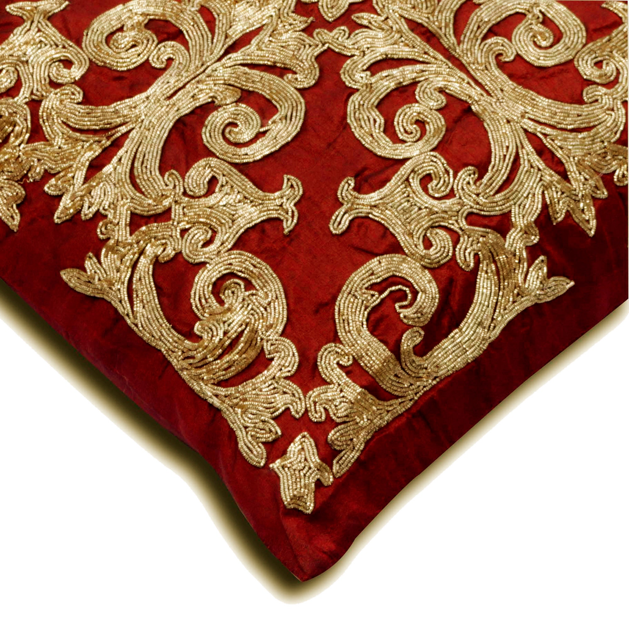 Decorative Silk Cushion 16"x 16", Throw Pillow Red Silk With Gold ...